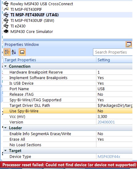 Msp430f449 Processor Reset Failed Could Not Find Device Or Device Not Supported Msp Low