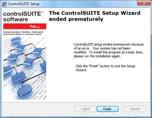 ControlSuite Setup Wizard "ended prematurely" - C2000 microcontrollers forum - C2000™︎ ...