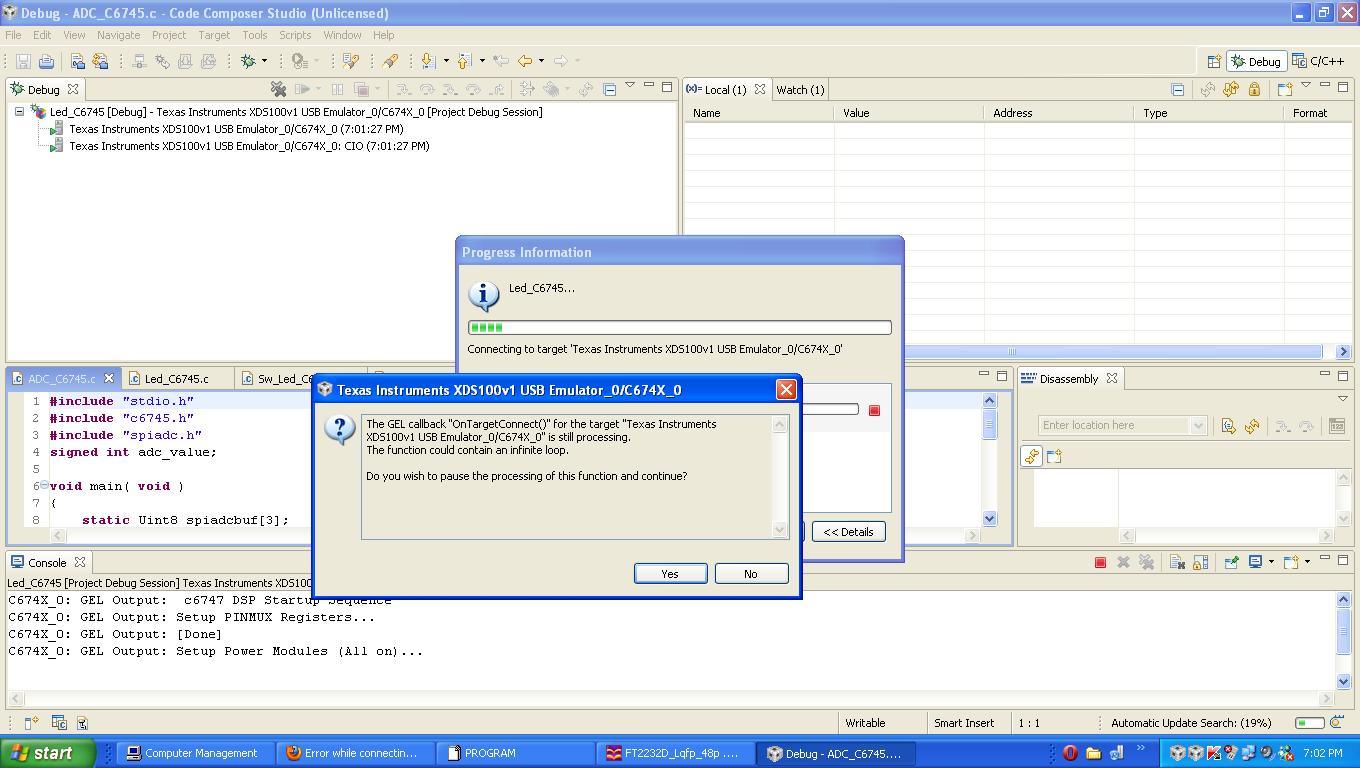 Error while connecting TMS320C6745 Target - Processors forum - Processors - TI E2E support forums