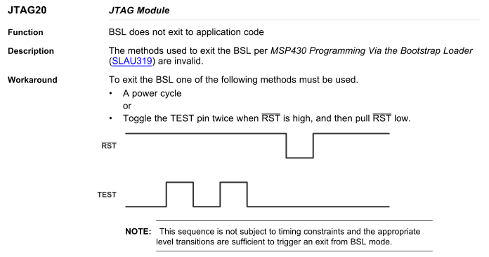 Msp430f5438a Cannot Start Application Code With Rst Aftter Bsl Session Msp Low Power