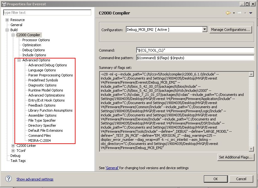 CCS5.3 C2000 Compiler...Advanced compiler option is disappeared in some project! - Code Composer ...
