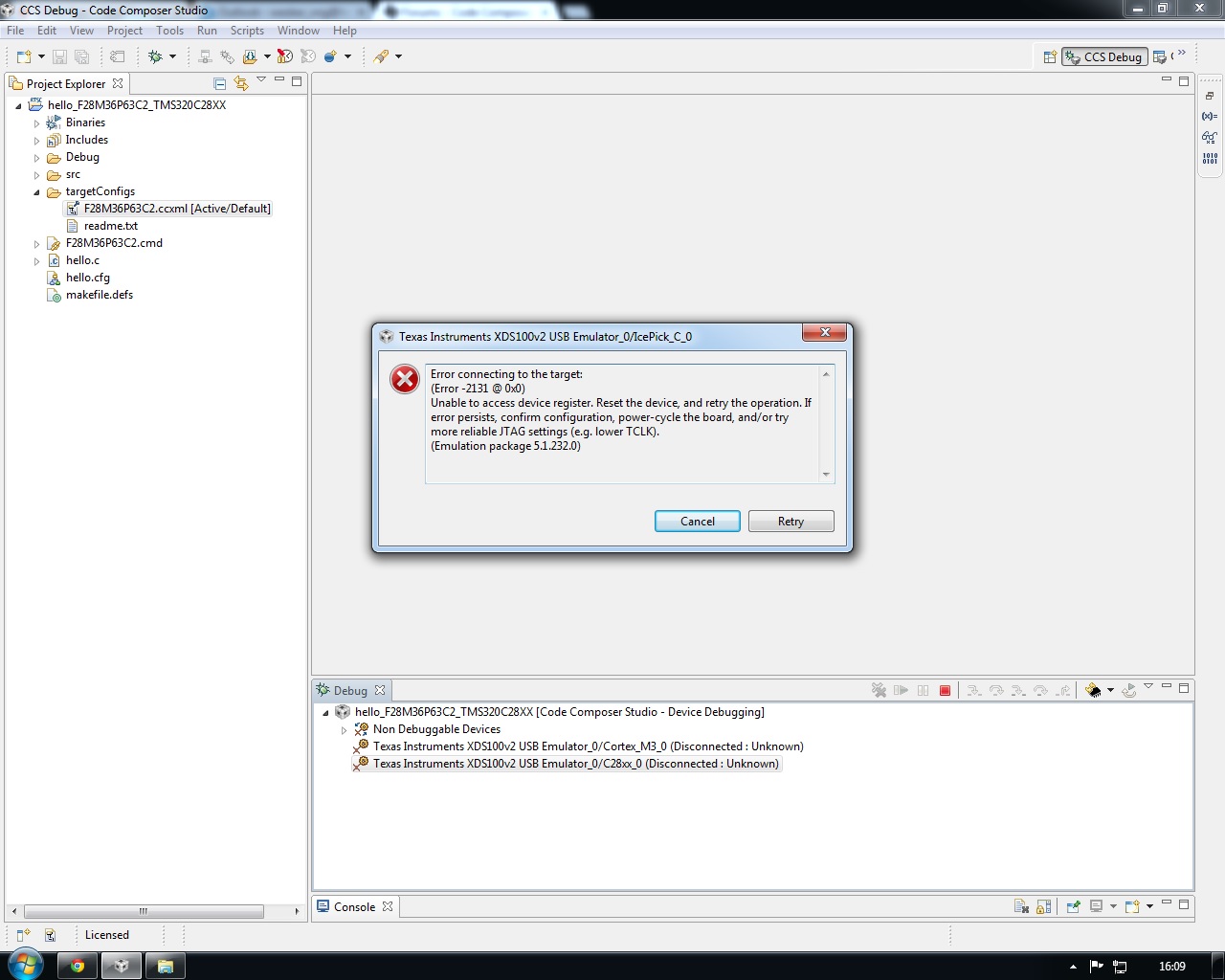 error to connect to the target CCS v5 with H63C2 Experimenter Kit XDS100v2 - Code Composer ...
