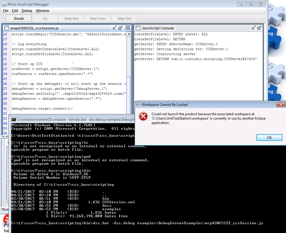 CCS CCSTUDIO DSS Example Script Msp430f5529 CcsSession Js Could Not