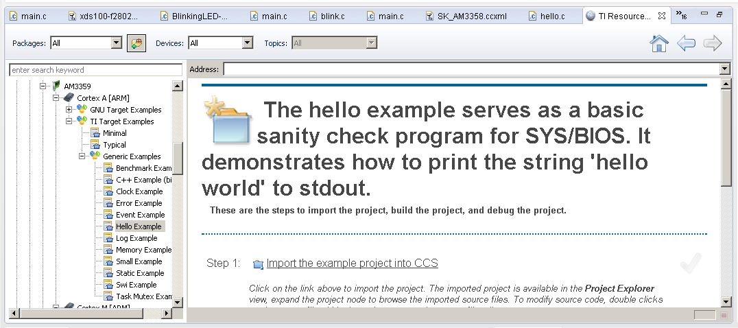 Ti Resource Explorer Am3359 Generic Example Hello Example Configured As Cortex M3 Code
