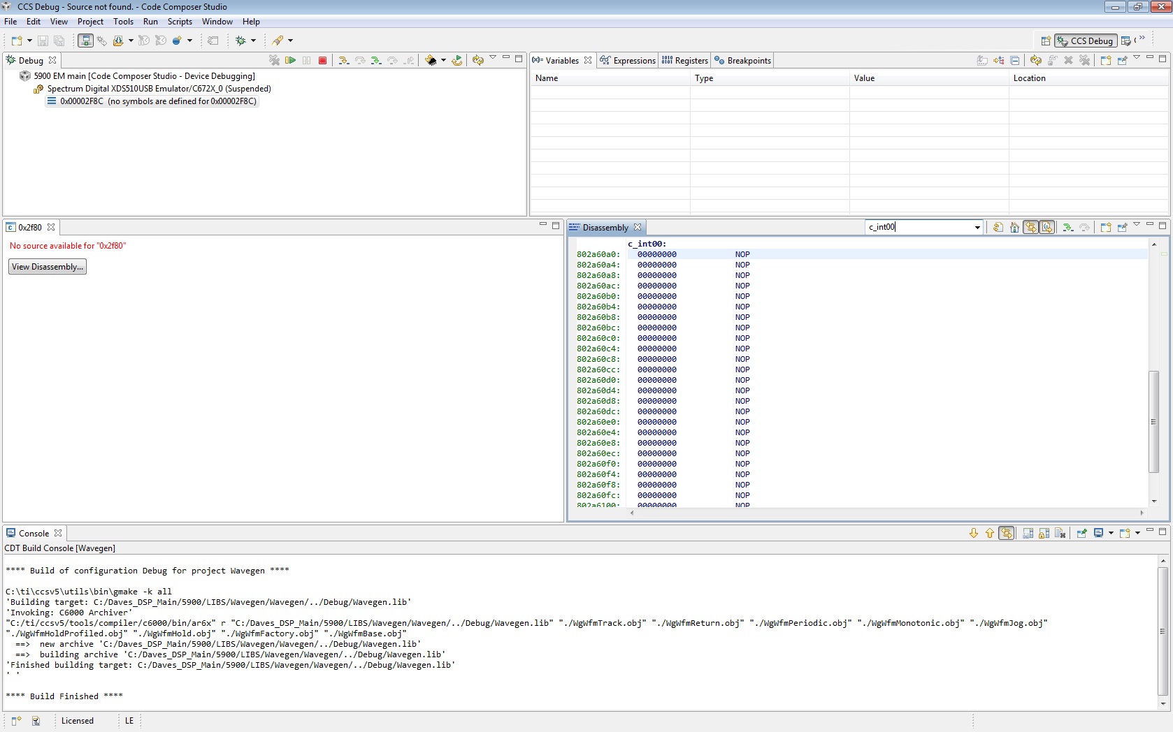 Disassembly shows all NOPs from .out file in CCS 5 - Code Composer ...