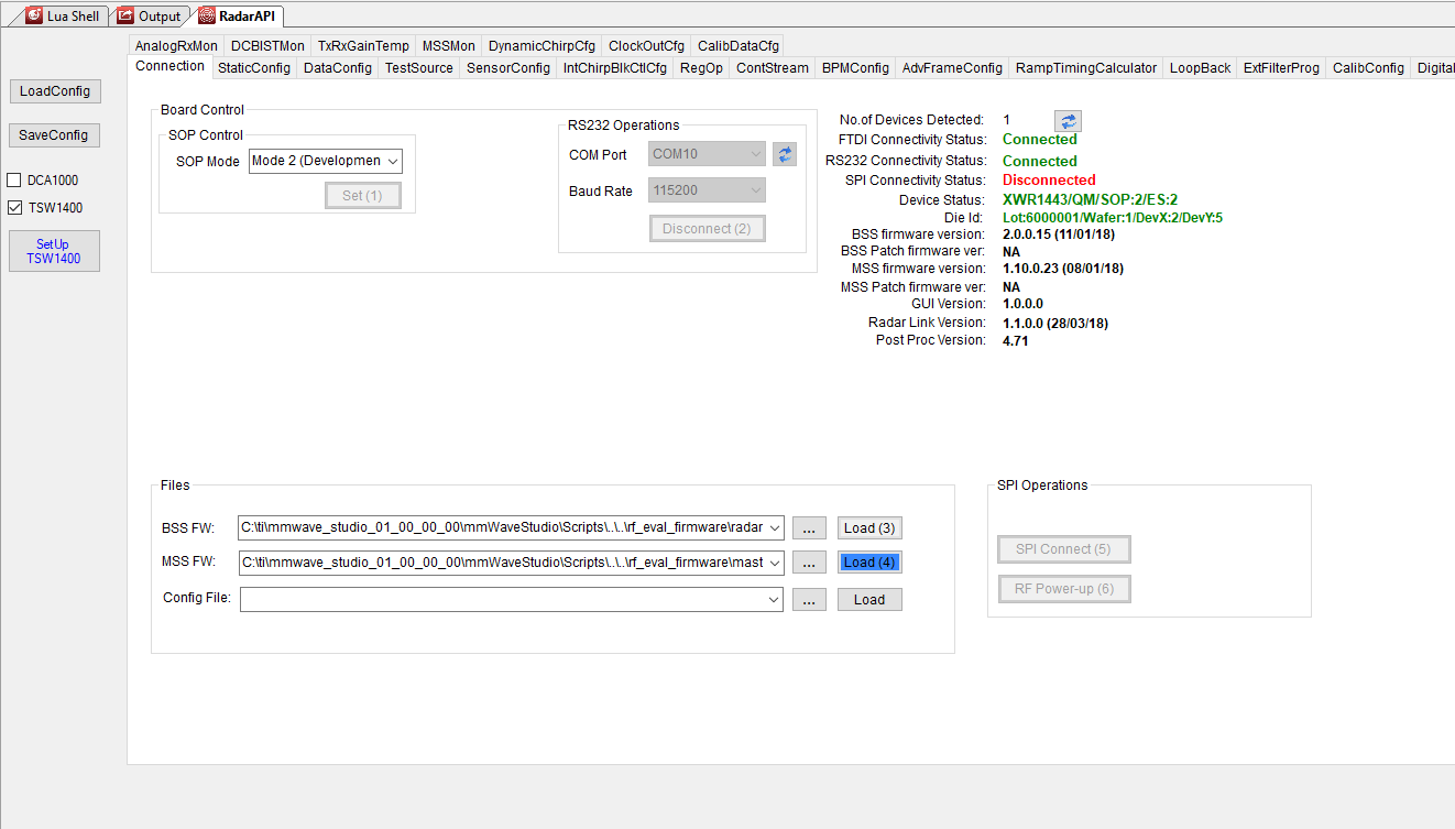 IWR1443BOOST: TWS1400/MMWave-Devpack/MMWave Studio SPI fails to connect. - Sensors forum ...
