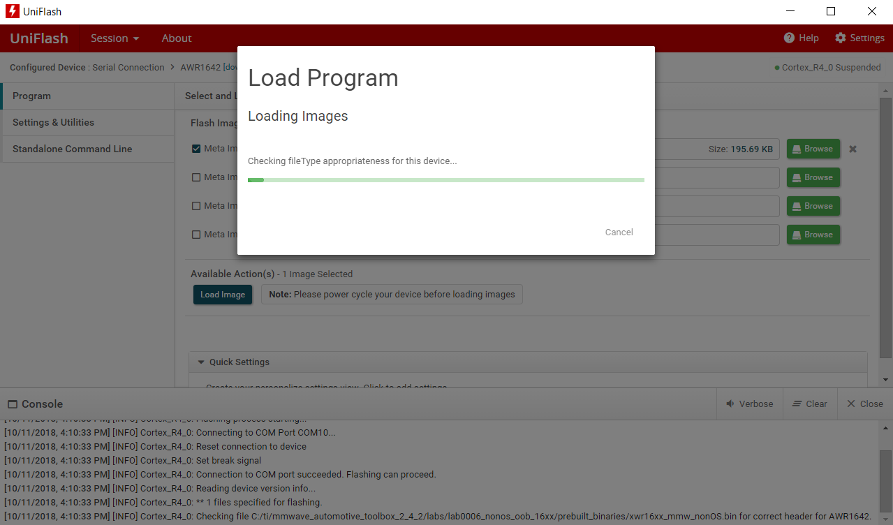 AWRL6844: Uniflash hangs on "Checking fileType appropriateness for this device" - Sensors forum ...