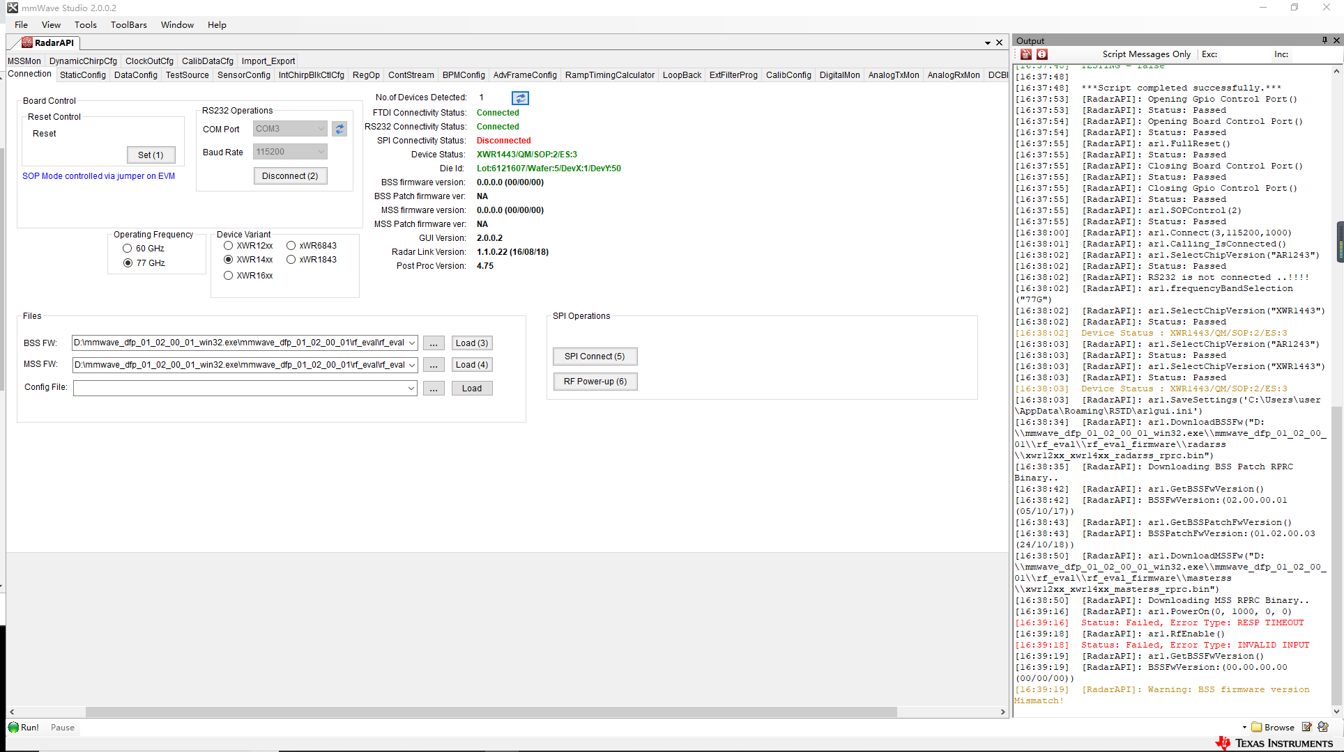 Ccs Dca1000evm:dca1000evm And Awr1443,spi Disconnected!! Sensors Forum Sensors Ti E2e