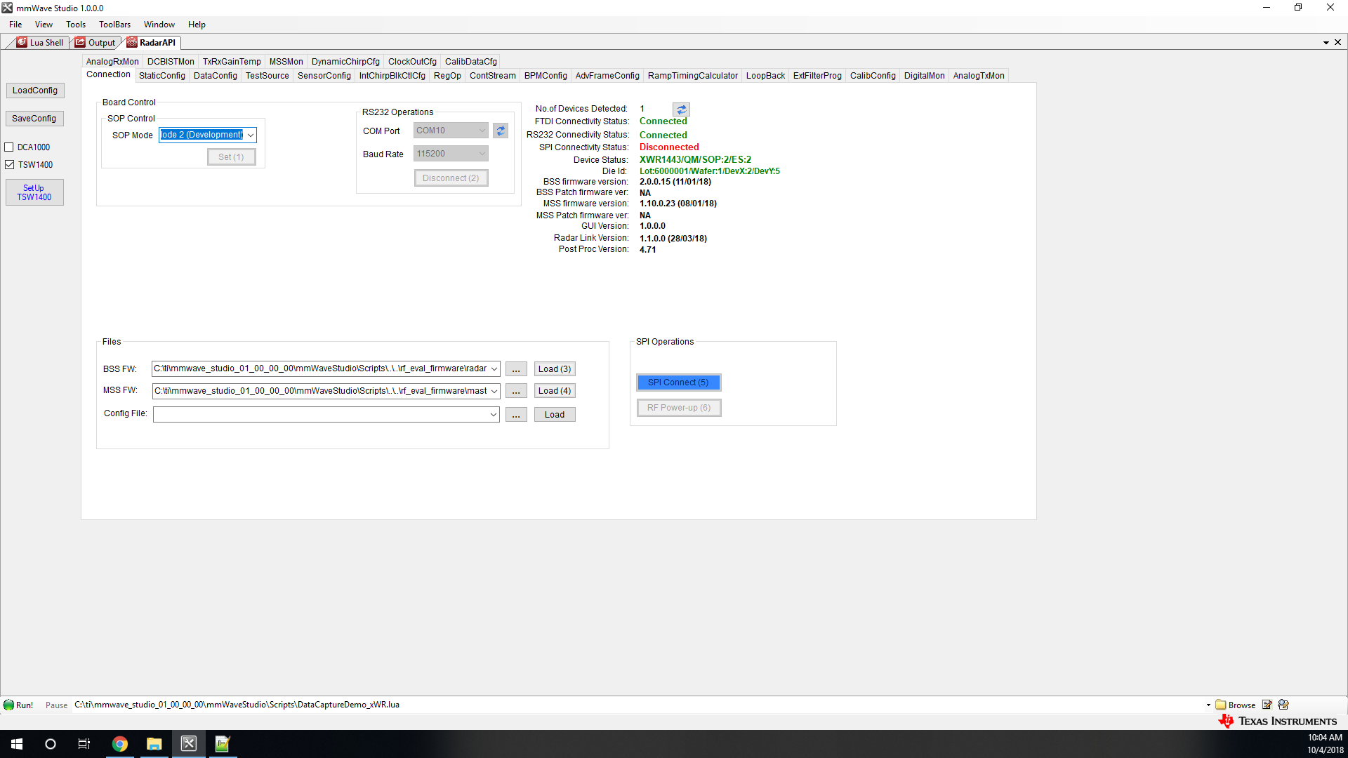 IWR1443BOOST: TWS1400/MMWave-Devpack/MMWave Studio SPI fails to connect. - Sensors forum ...