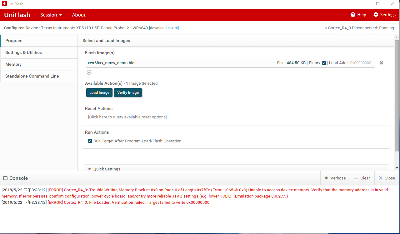 CCS/IWR6843ISK: When I was using uniflash. Why verify and load the image file failed? - Sensors ...