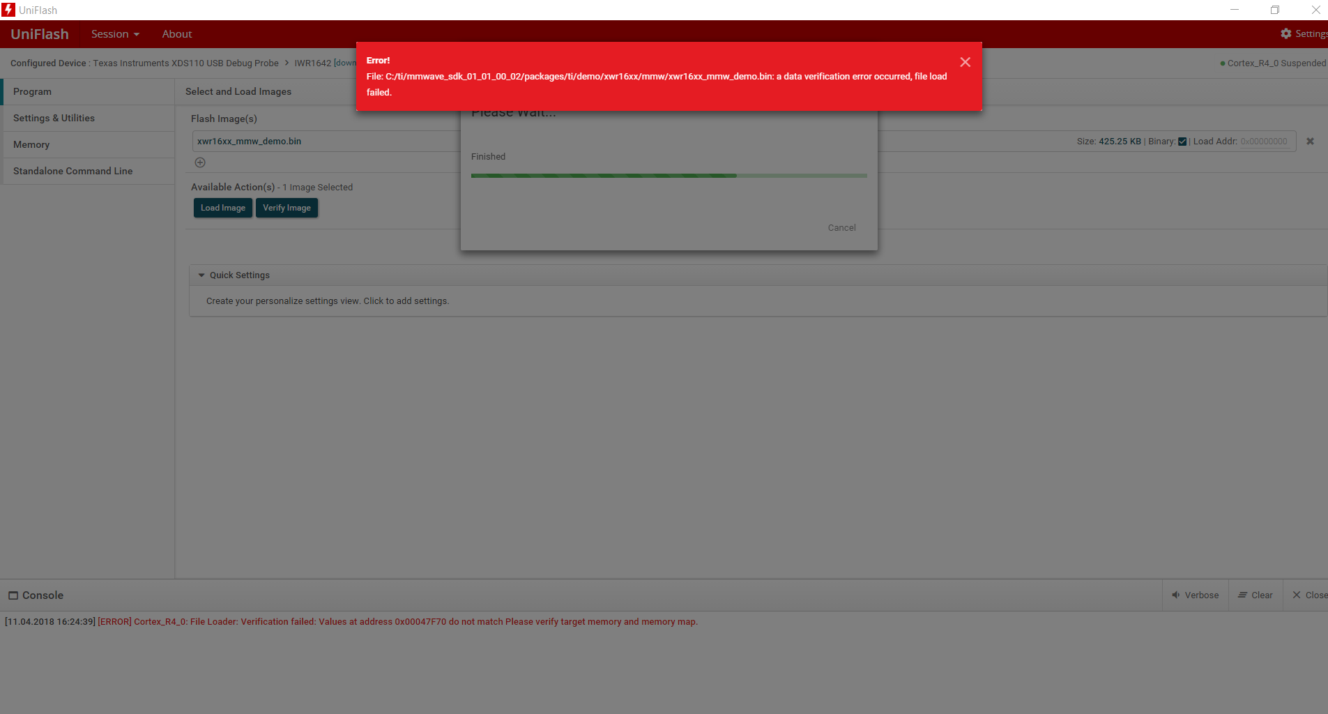 Iwr1642 Uniflash Error Sensors Forum Sensors Ti E2e Support Forums