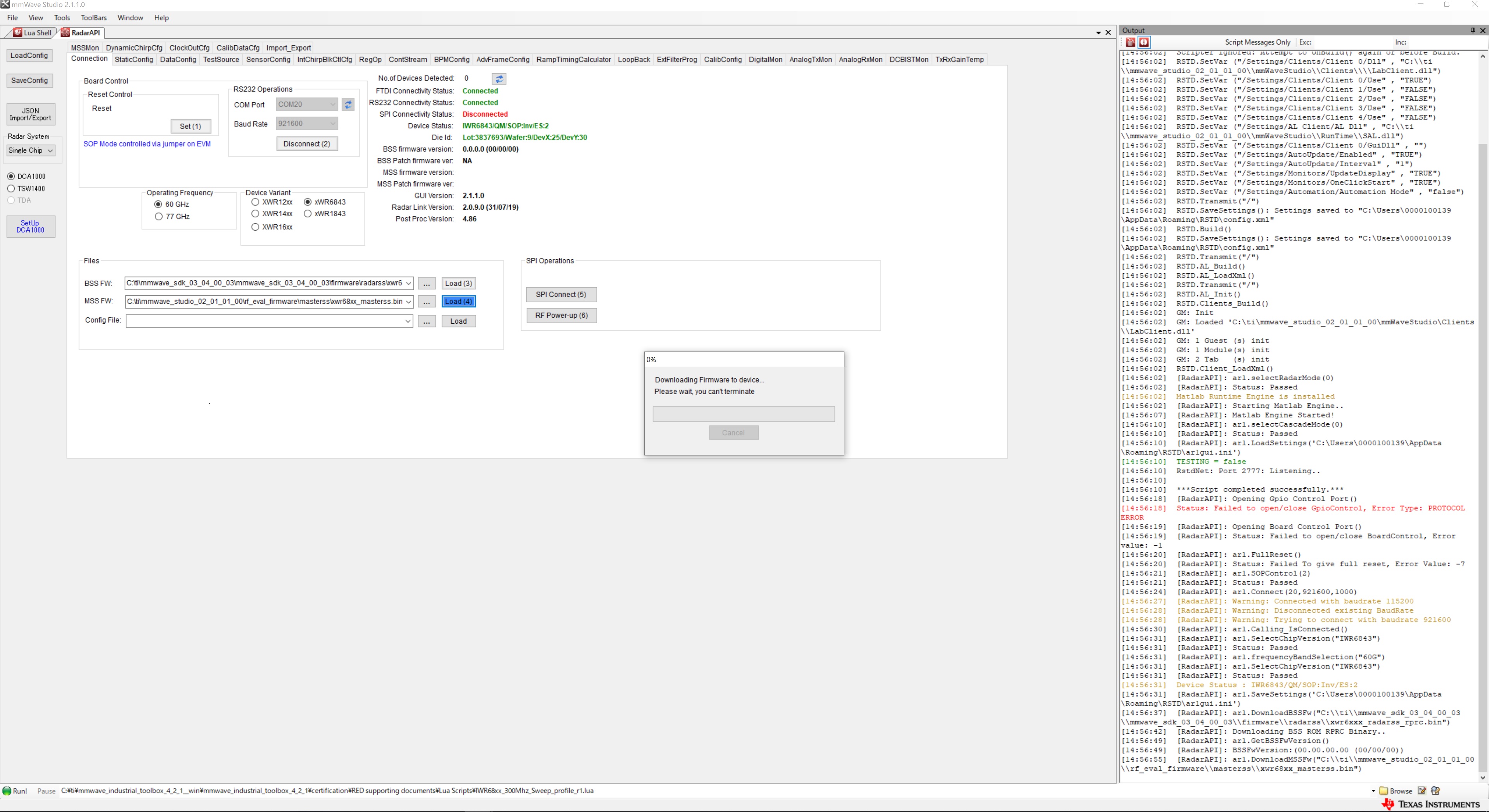 IWR6843: mmwave Studio is frozen during writing MSS FW. - Sensors forum - Sensors - TI E2E ...