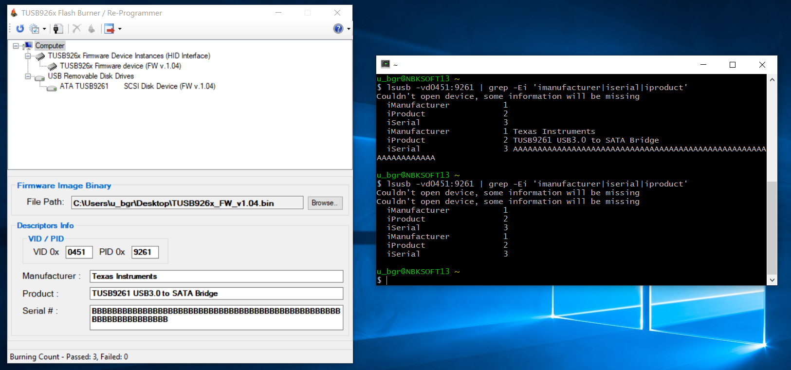 TUSB9261: Serial number authorized values - Interface forum - Interface - TI E2E support forums