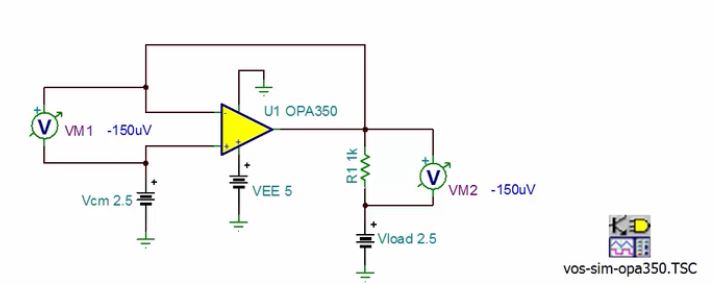 OPA350: Input offset voltage calculation using Tina -TI ; OPA 350 ...