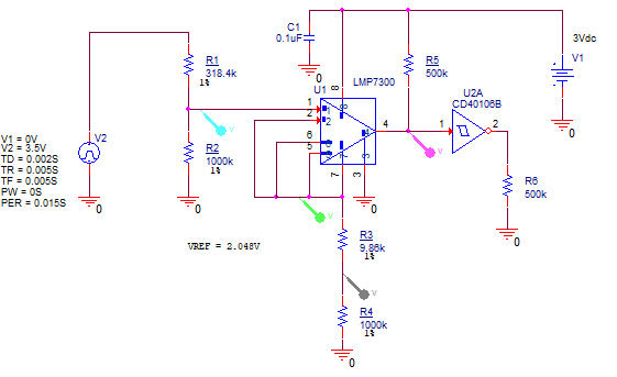 TINA/Spice/LMP7300: Single omparator works as a window comparator in ...