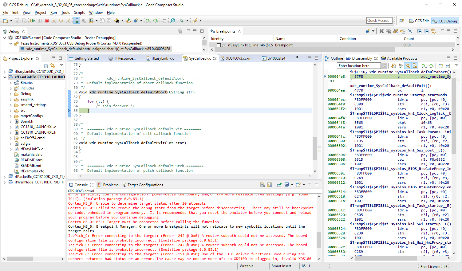 CC1310 SC_ERR_ROUTER_ACCESS_SUBPATH, xdc_runtime_SysCallback_defaultAbort at initialisation ...