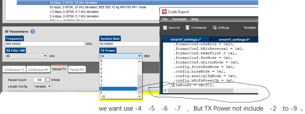LAUNCHXL-CC1310: How to get -4 TO -7 dBm from LAUNCHXL-CC1310 with SmartRF Studio 7 ? - Sub-1 ...