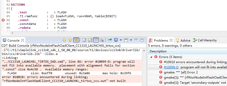 CCS/CC1310: CC1310 official OAD project rfWsnNodeIntFlashOadClient compile with memery problem ...