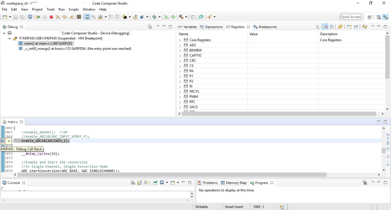 Ccsmsp430fr2311 Jtag Debugging Code Always Stops On Msp430 Debug Call Stack Msp Low