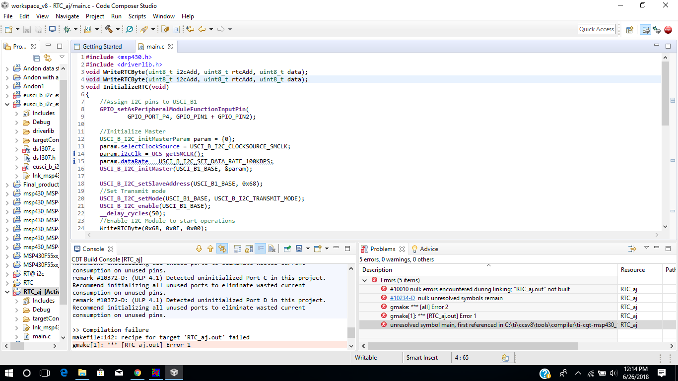 Compiler/MSP430F5529: Problem with interfacing Msp430f5529 and RTC - DS3231 - MSP low-power ...