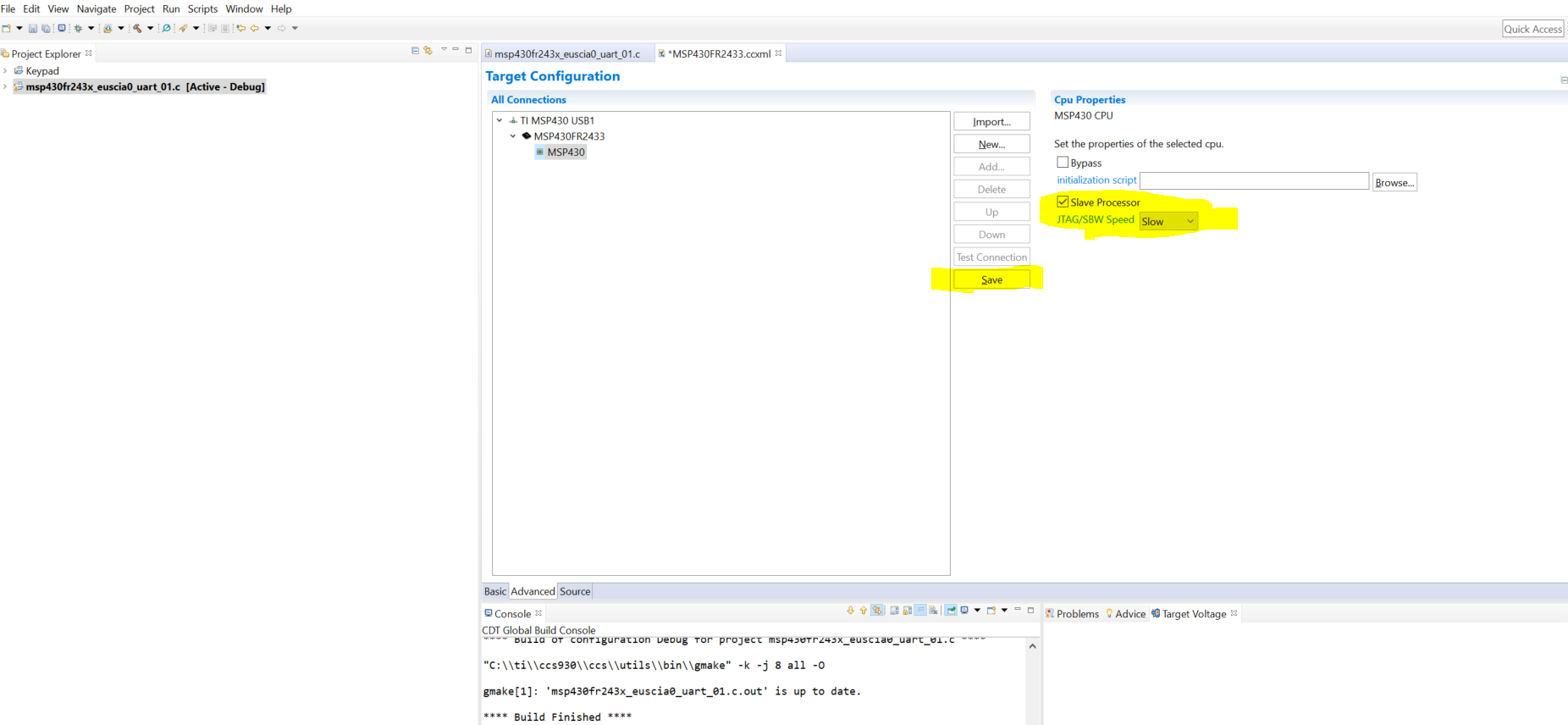 CCS/MSP430FR2433: Can't program the micro on my custom board with the launchpad - MSP low-power ...