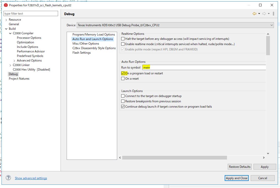 TMS320F28379D: How to debug F2837xD_sci_flash_kernels_cpu02 on CPU2 ...