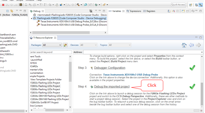 CCS/TMS320F28035: The 'FlashingLeds-F28035' demo example can not import to the Experimenter’s ...