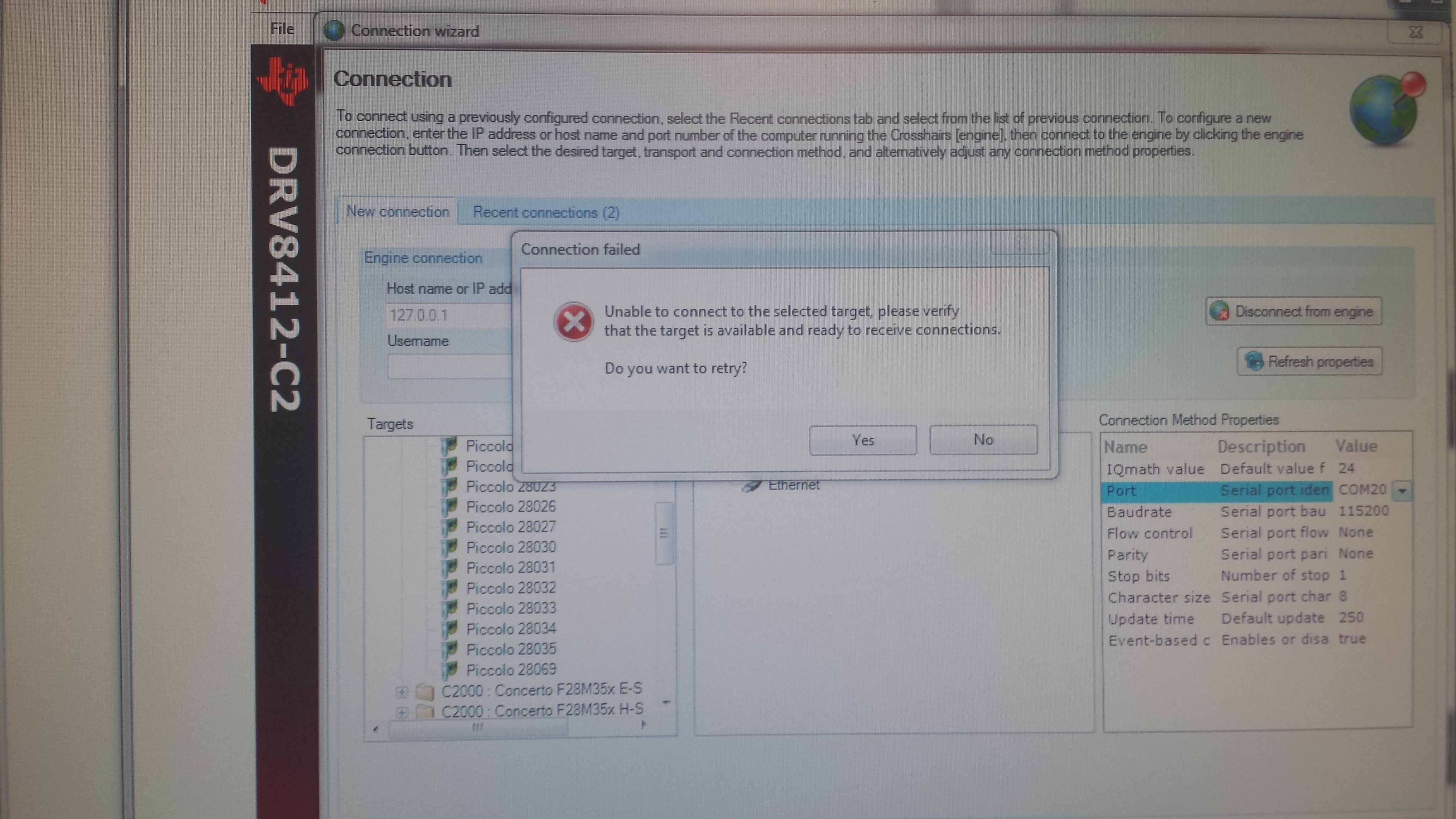 C2000(Piccolo Control Card)Error connecting to the target: (Error -1135 ...