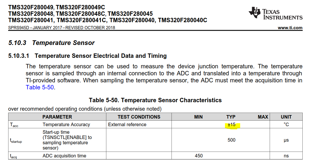 TMS320F280049: the tolerance of temperature sensor inside of F280049 is +-15 degree? - C2000 ...