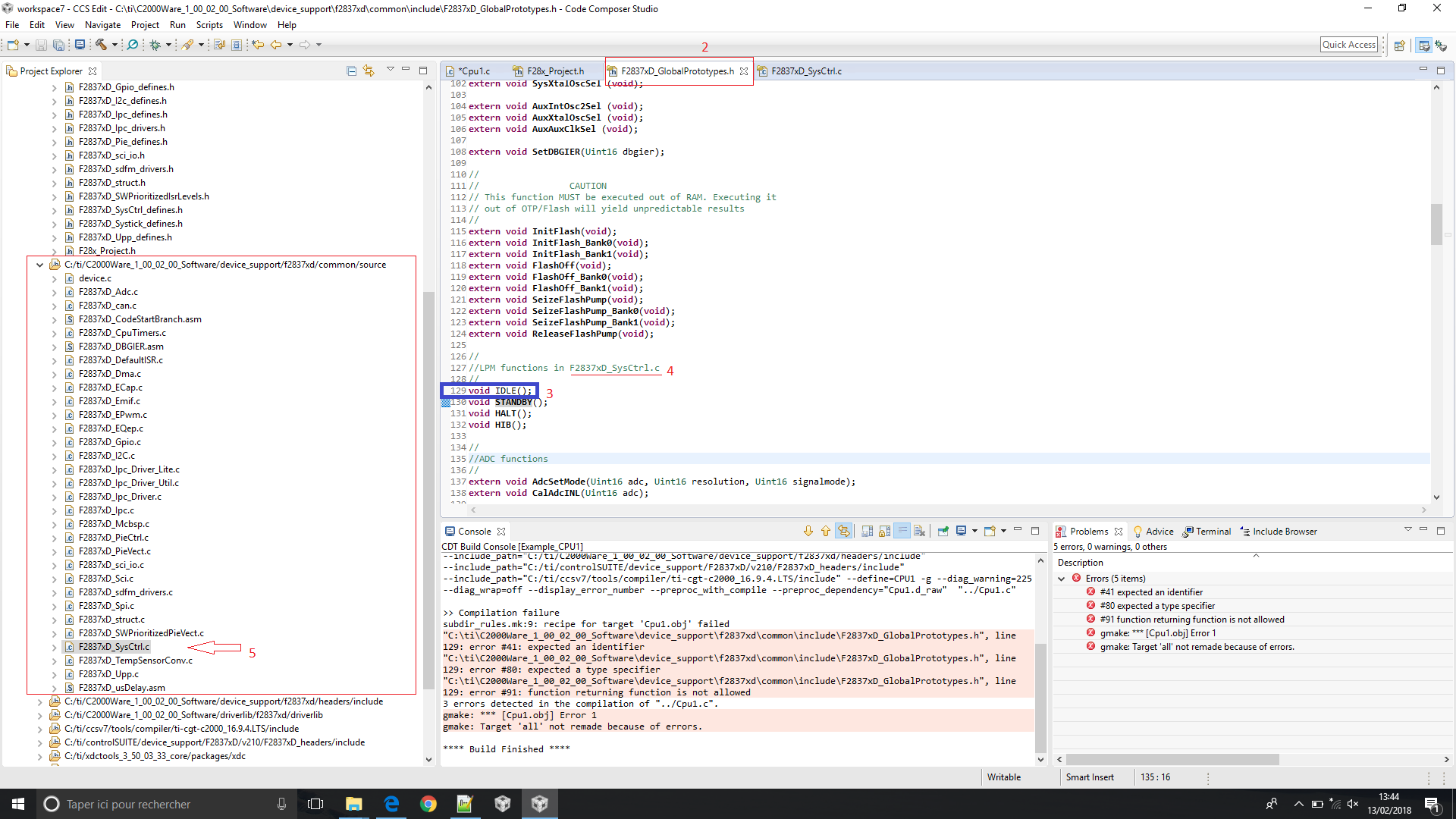 CCS/TMS320F28379D: F2837xD_GlobalPrototypes.h Error(#41 - #80 - #91) line 129, function IDLE ...