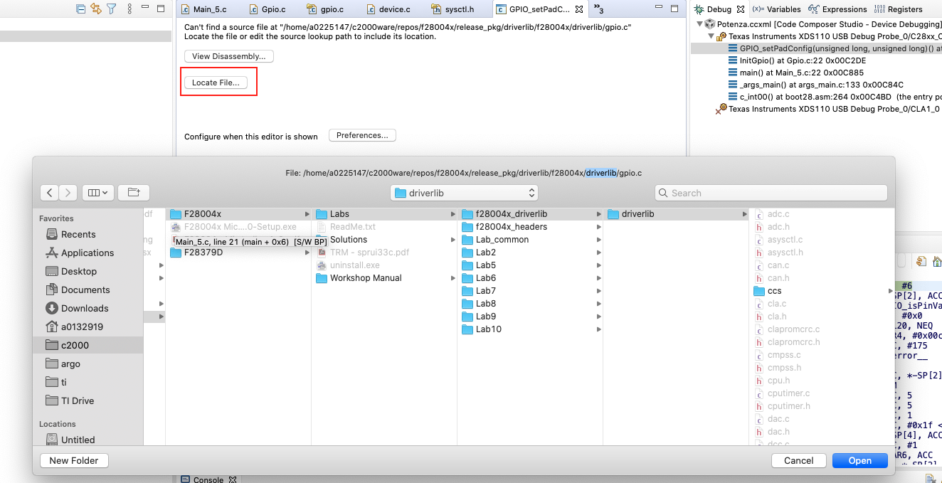 CCS/LAUNCHXL-F280049C: Debugger can't access drivelib file gpio.c - C2000 microcontrollers forum ...