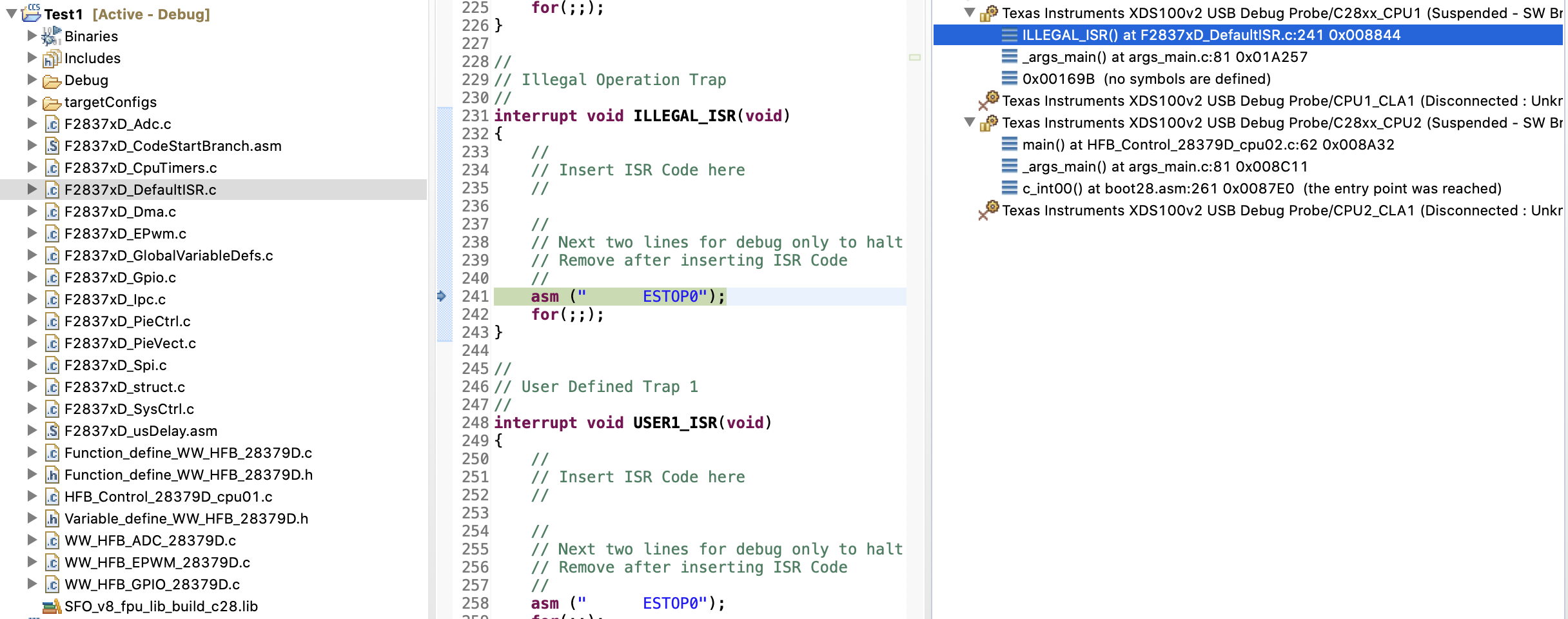 CCS/TMS320F28379D: Same code runs on the launchpad but cause ILLEGAL_ISR() on control card ...