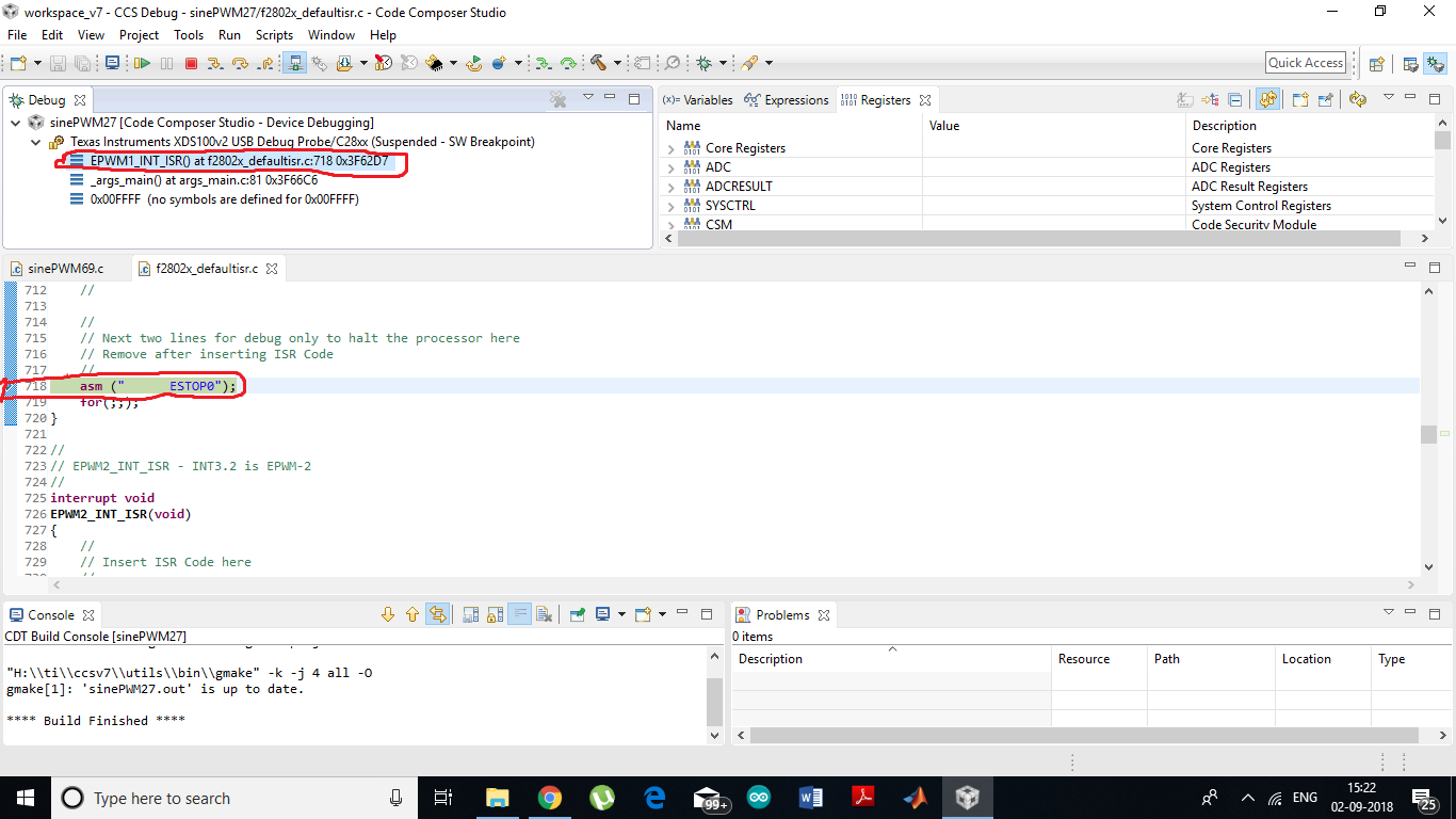 CCS/LAUNCHXL-F28027: EPWM1_INT_ISR() at f2802x_defaultisr.c:718 0x3F62D7 - C2000 ...