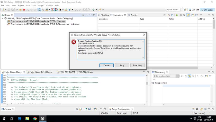 TMS32028035 Trouble Reading Register PC: (Error -1142 @ 0x0) 0x3FF599 ...
