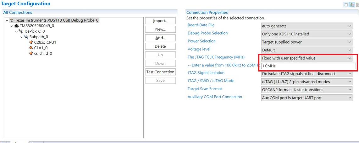TMS320F280049: cJTAG clock setting for XDS110 - C2000 microcontrollers ...