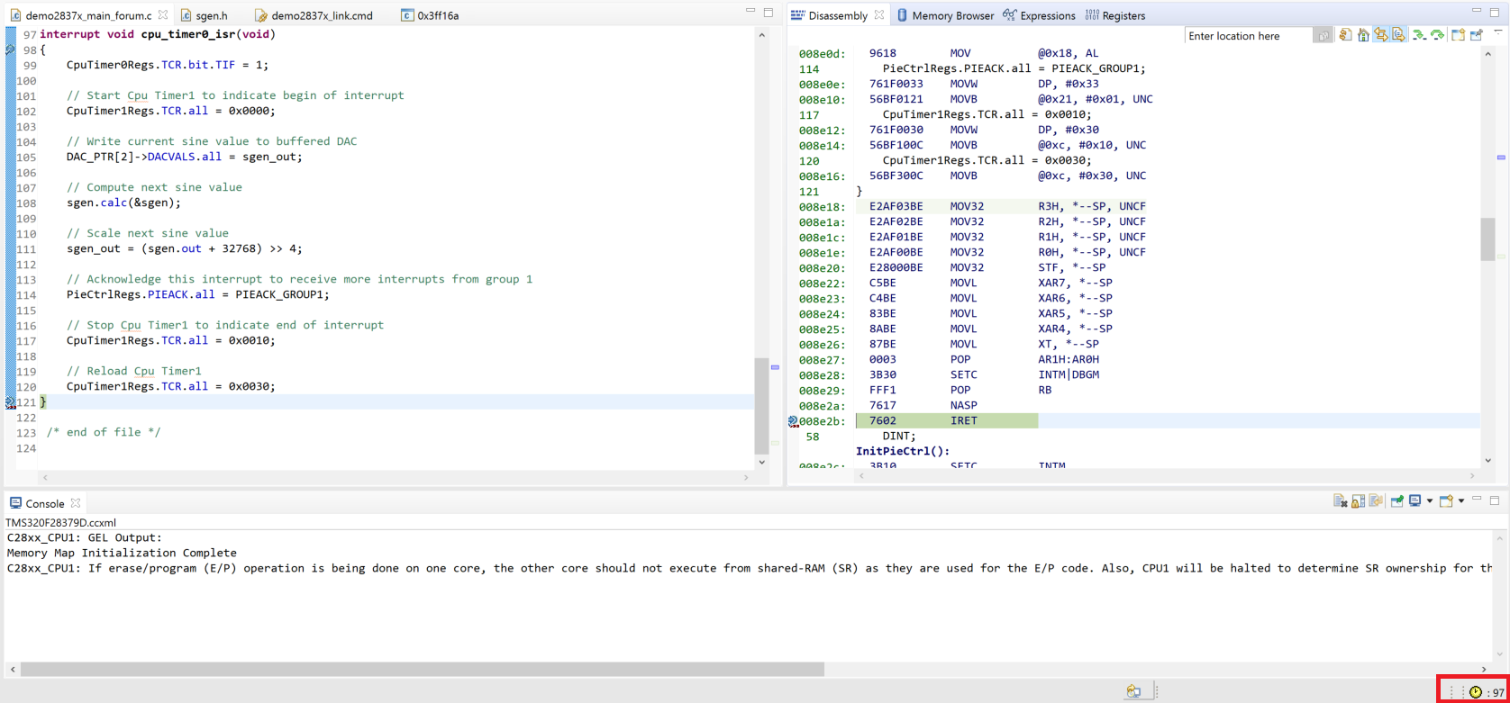 CCS/LAUNCHXL-F28379D: CCS/LAUNCHXL-F28379D: Generating 100kHz Sine Wave using SGEN Library ...