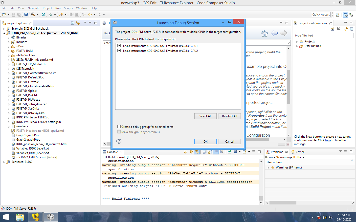 CCS/TMDSCNCD28379D: Unable to compile and RUN IDDK_PM_Servo_F2837x ...