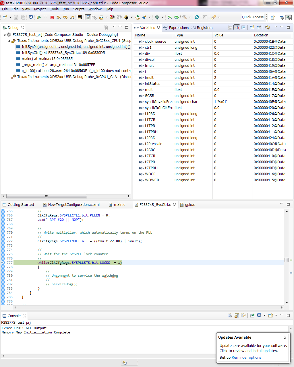 CCS/TMS320F28377S: Program stops at checking FLL - C2000 microcontrollers forum - C2000™︎ ...