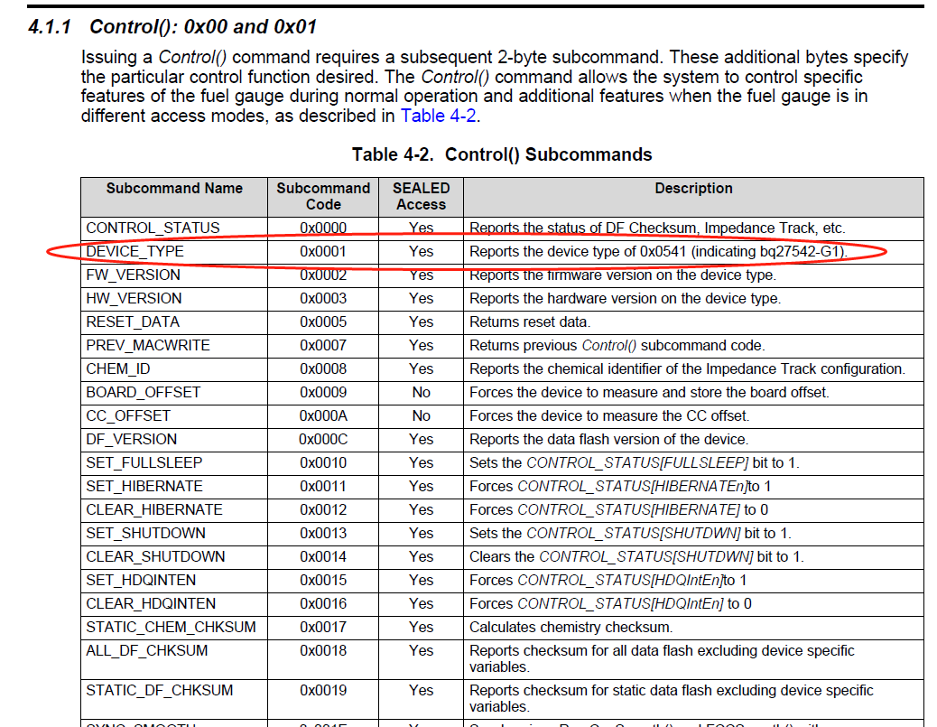 BQ27542-G1: BQ27542-G1 DEVICE_TYPE Control Subcommands - Power management forum - Power ...