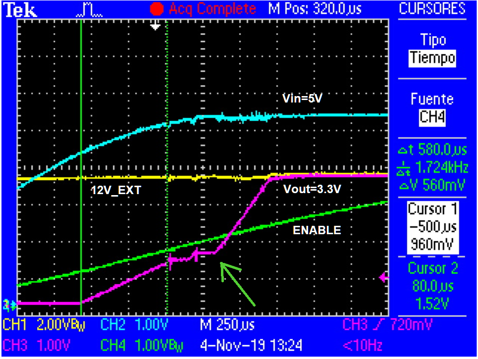TPS62065: High output capacitance: Vin voltage drop and Vout waveform at 85ºC - Power management ...