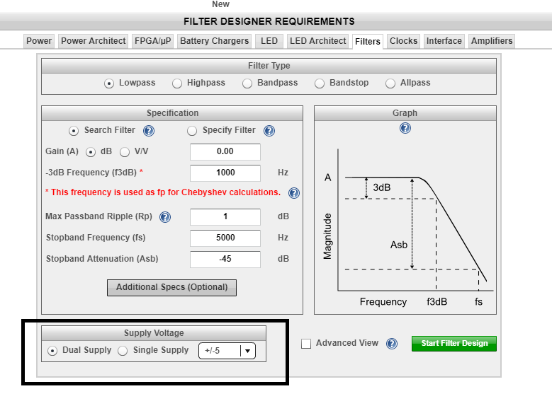 WEBENCH® Tools: How to specify supply voltage type (single/dual supply) in WEBENCH Active Filter ...