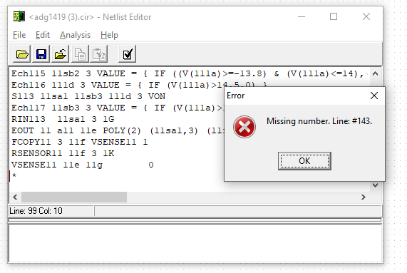 Showing" missing number. line:#100" in tina tool while importing Spice model & creating netlist ...