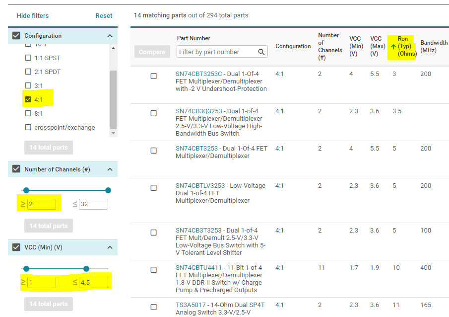 CD74HC4052: Need similar device for I2C application with lower Ron ...