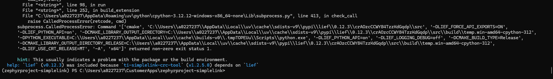 CC2340R5: Zephyr install of ti-simplelink-crc-tool package fails on ...