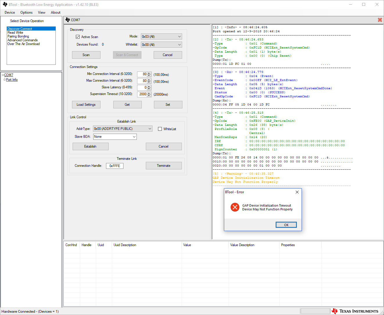 SIMPLELINK-CC2640R2-SDK: BTool in SDK 2.20 gives GAP Device Initialization Timeout - Bluetooth ...