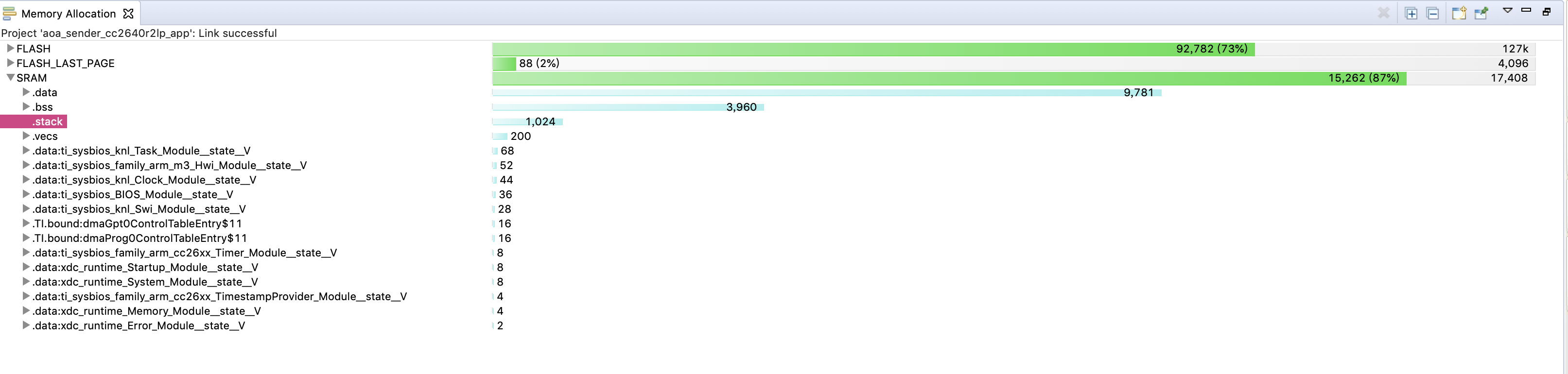 CC2640R2F: Can reduce the stack or memory size to run aoa project which integrate with bmi160 ...