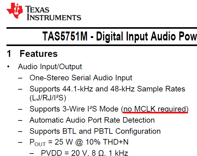 TAS5751M: TAS5751M no MCLK - Audio forum - Audio - TI E2E support forums