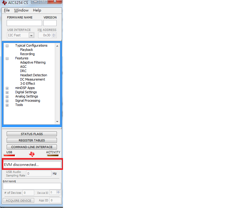 Aic3254 Evm K Disconnected Issue Of Gui Audio Forum Audio Ti E2e Support Forums