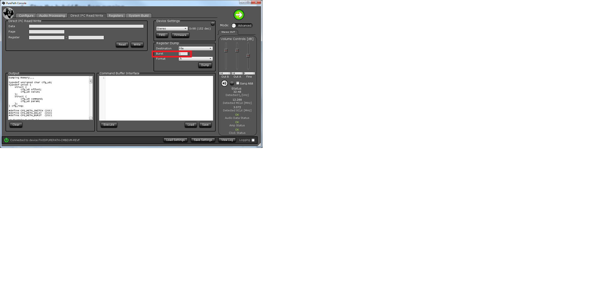 Tas5754mdcaevm Question For Burst Setting Of Register Dump In Purepath Console Audio Forum