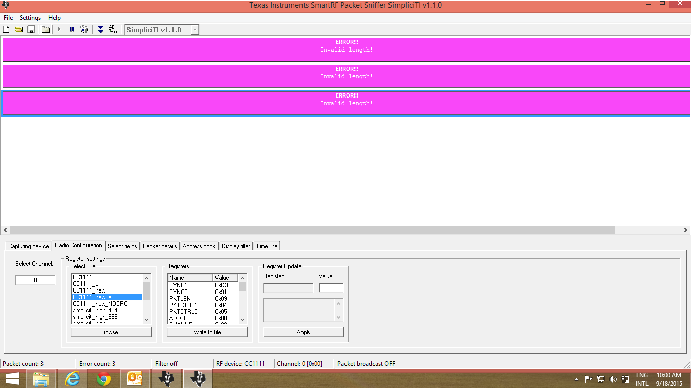 "Error !! Invalid length" in packet sniffer CC1111 - Other wireless ...